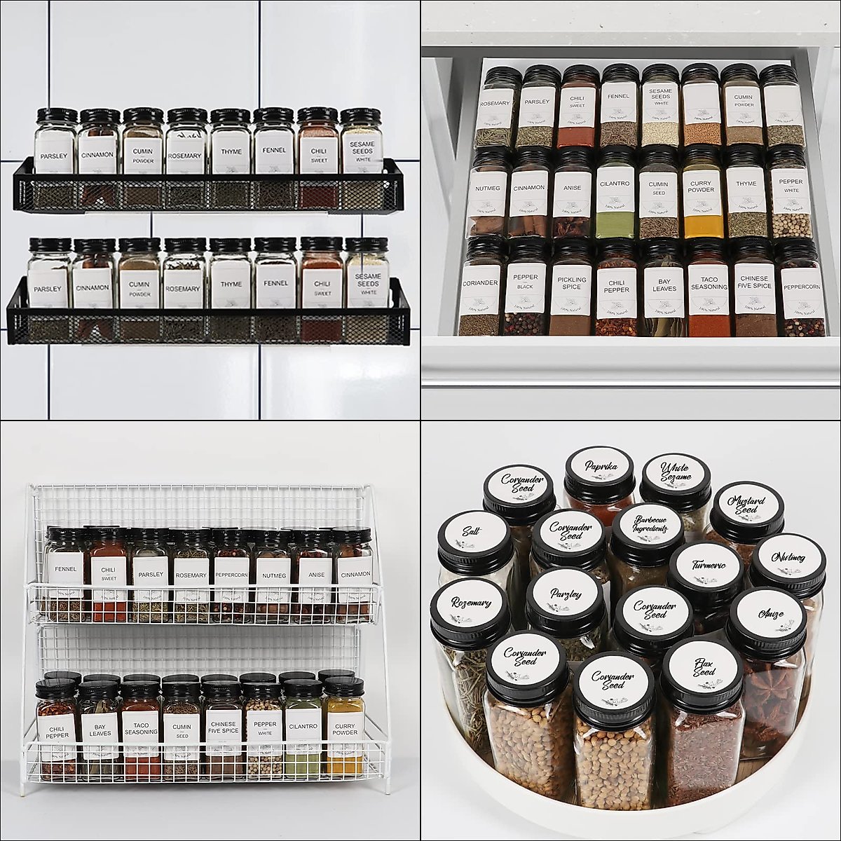 48 Pcs Glass Spice Jars with Labels and Black Lids 4oz Spice Container Set Seasoning Bottles with Blank and Printed Labels, Shaker Lids, Collapsible Funnel and Brush Included