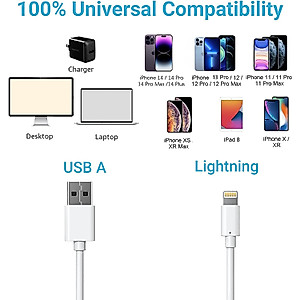 iPhone Charger Cable, [MFi Certified] Lightning Cable 3PACK 6FT USB A to Lightning Fast Charging Cord Data Transfer Wire Compatible with iPhone 14 13 12 11 Pro Max XS XR X 8 7 6 Plus SE iPad, White