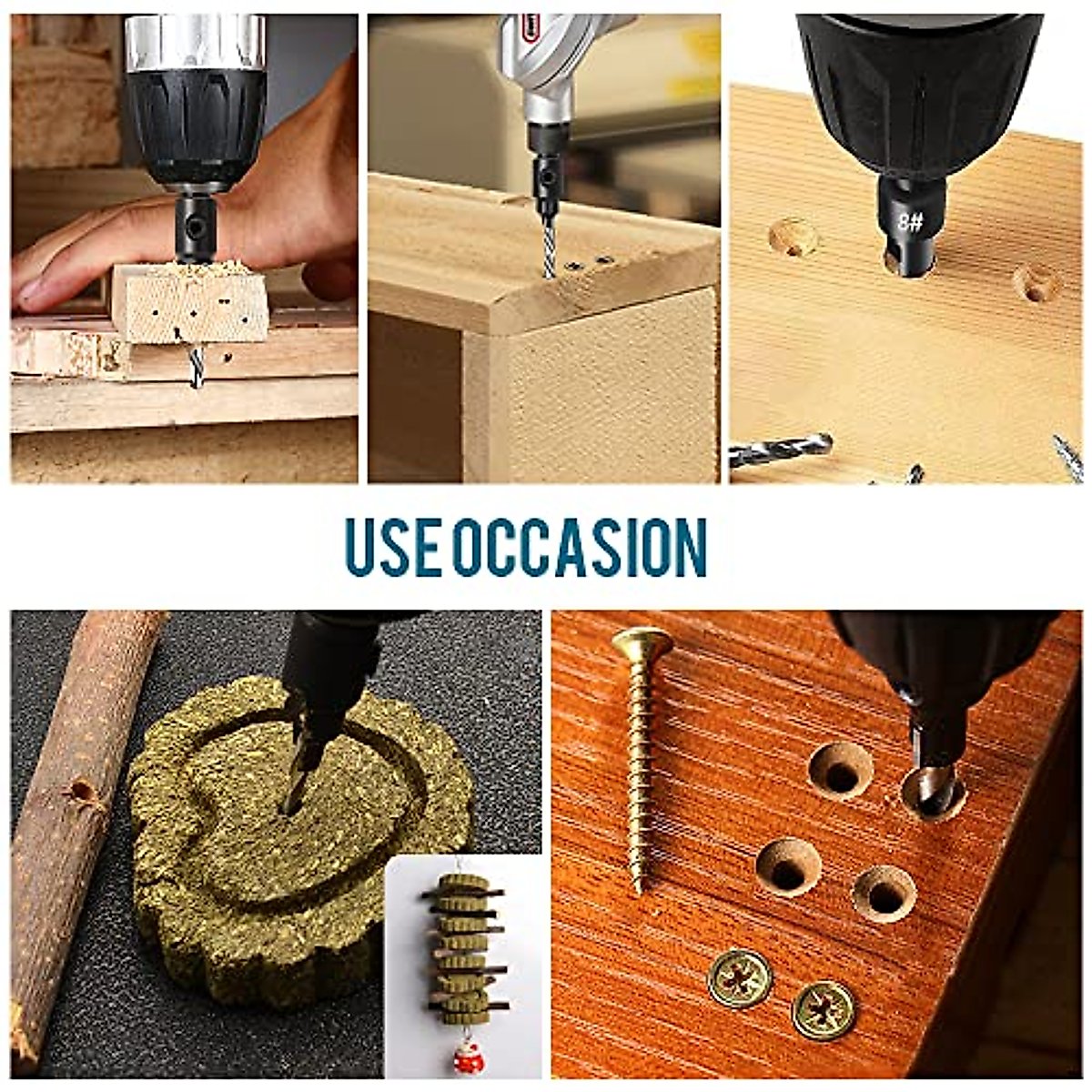 Countersink Drill Bit Set, 5Pcs Quick Change 1/4" Hex Shank Adjustable Countersink Set, 5pcs Free Replaceable Drill Bits with One Hex Wrench, Woodworking Countersink Drill Bits