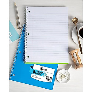 Rosmonde 5 Subject Spiral Notebook College Ruled, 6 Pack, 300 Pages (150 Sheets), 8" x 10-1/2", School & Office Note Books, Sturdy Spiral Bound, Soft Cover, Assorted Fun Colors, 5 Subject Notebooks