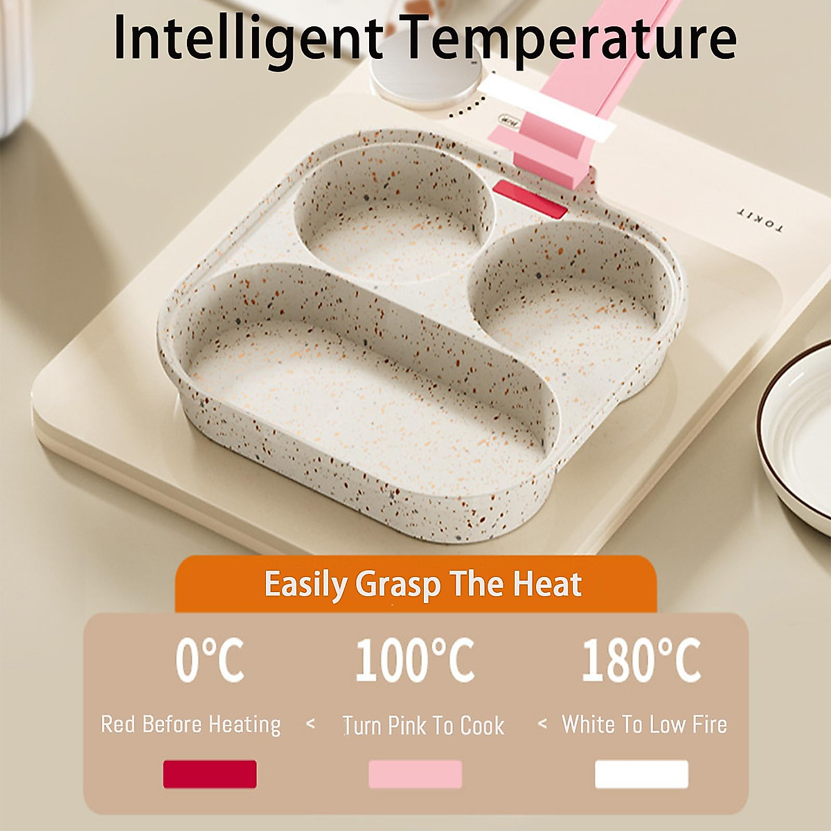 JUSTUP Nonstick Frying Pan, Divided Grill Frying Pan 3 Cups Pink Pancake Pan, Intelligent Temperature Sensing Egg Frying Pan, Breakfast Skillet for Eggs, Pancakes,Bacons (White)