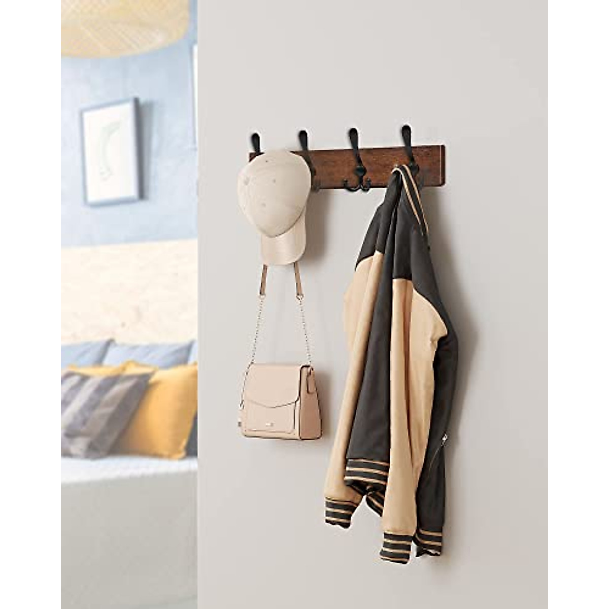 Dzanken Coat Rack Wall Mount, 4 Metal Hooks, Wooden Heavy Duty Wall Entryway Hanging Coat Rack for Clothes Hat Towel Scarf Bag Towel Key (Brown)