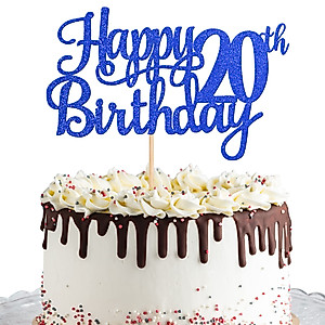1 PCS Happy 20th Birthday Cake Topper Glitter Cheers to 20 Years Birthday Cake Pick Twenty 20 Fabulous Cake Decoration for Happy 20th Birthday Theme Party Decorations Supplies Blue