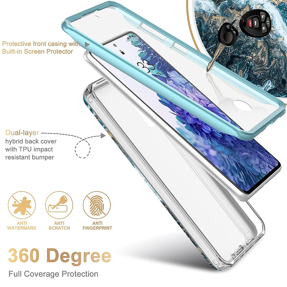 Esdot Compatible with Samsung Galaxy S20 FE Case with Built-in Screen Protector,with Fashionable Designs for Women Girls,Protective Phone Case for Galaxy S20 FE 6.5" Opal Marble Teal
