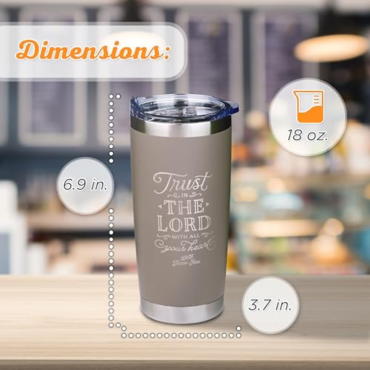 Christian Art Gifts Stainless Steel Double-Wall Vacuum Insulated Travel Mug 18 oz Gray Tumbler with Retractable Lid for Women and Men Bible Verse - Trust in the Lord - Proverbs 3:5