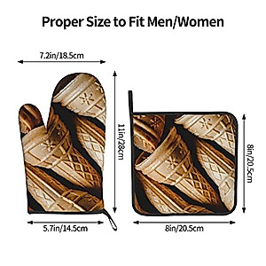 Ice Cream Oven Mitts and Pot Holders Set Heat Resistant Oven Glove and Potholder Kitchen Microwave Gloves for Baking BBQ Grilling Cooking Oven Mitts