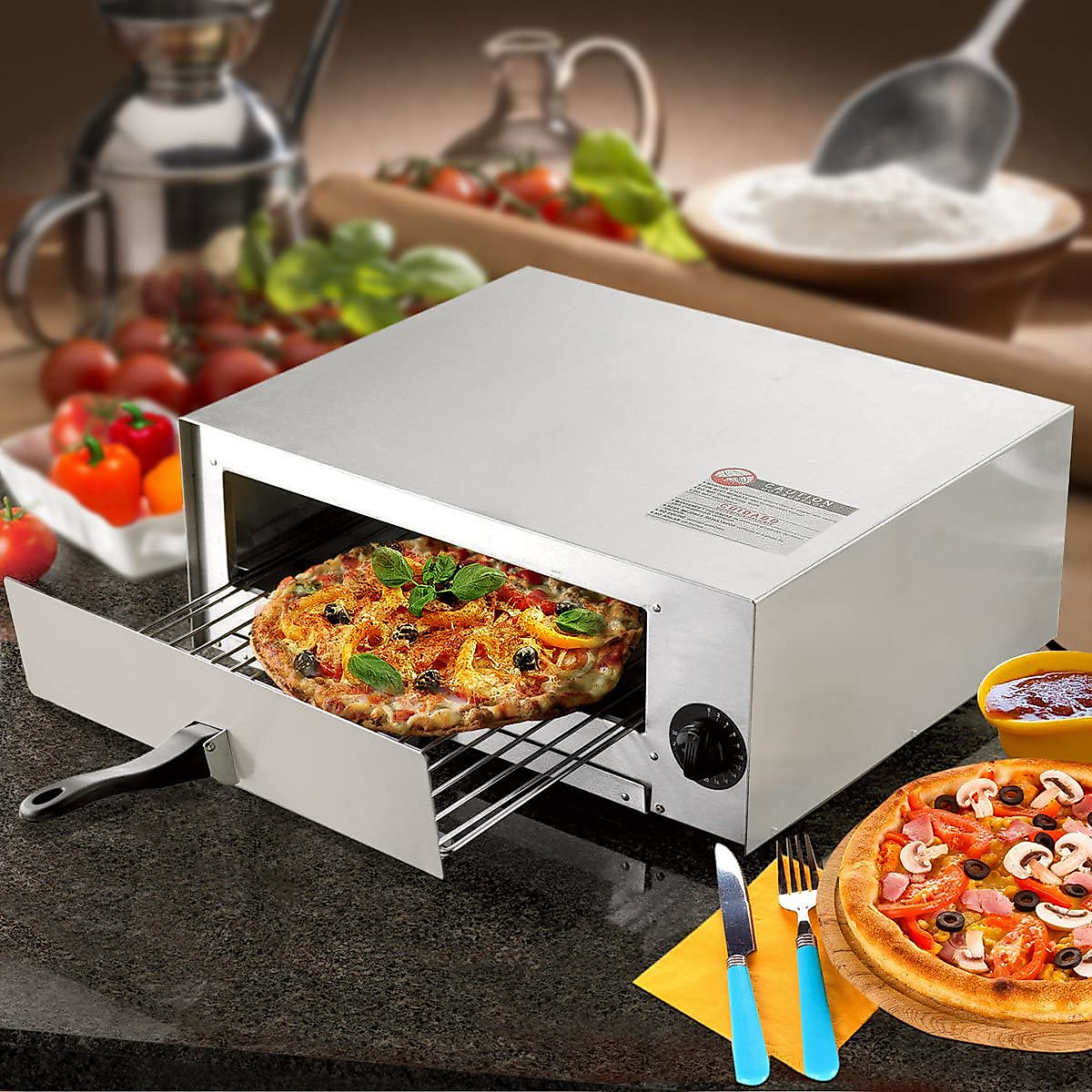 Happygrill Electric Pizza Oven Stainless Steel Pizza Baker Kitchen Pizza Toaster Pizza Maker with Handle & Removable Tray