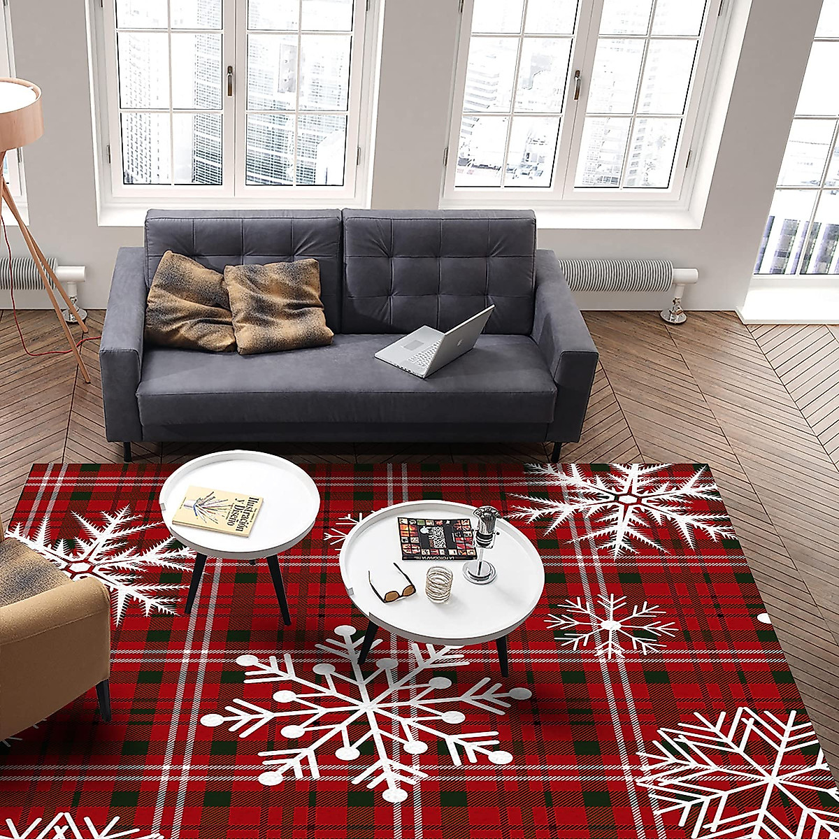 Merry Christmas Area Rug Indoor Carpet 2"x3", Winter Snowflakes On Red and Black Plaid Anti-Slip Low-Pile and Soft Accent Rug for Living Room Dining Room Bedroom
