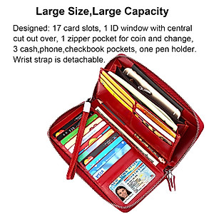 Lavemi Women's RFID Blocking 100% Leather Large Capacity Zip Around Wallet Phone Holder Clutch Travel Purse Wristlet(Large Size Red)