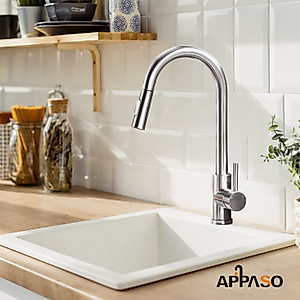 Kitchen Faucet with Soap Dispenser, APPASO Kitchen Faucet with Pull Down Sprayer, Brushed Nickel Kitchen Sink Faucets with Sprayer, Modern Kitchen Faucet for RV Bar Sink, Durable Stainless Steel