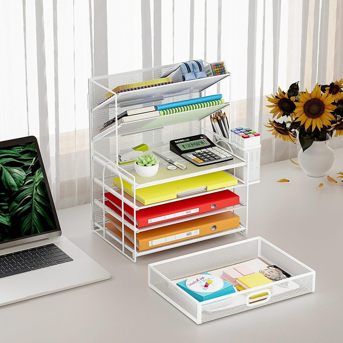 Marbrasse Desk Organizer with Drawer, 4-Tier File Organizer Paper Tray with 2 Pockets File Holder and Pen Holder, Mesh Desk Organizers and Accessories, Desktop Organizer for Home Office (White)