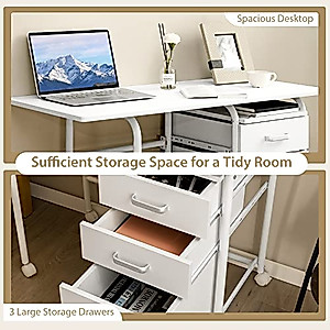 Tangkula White Folding Desk with 3 Drawers, Mobile Home Office Desk Study Writing Desk with Smooth Wheels, Space Saving Compact Desk for Dorm Apartment, Rolling Couch Desk Table