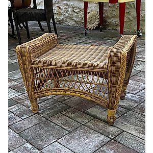 Honey Brown Wicker Patio Ottoman - Outdoor All Weather Wicker Footstool - Resin Aluminum Framed Bench - Cape Cod Style