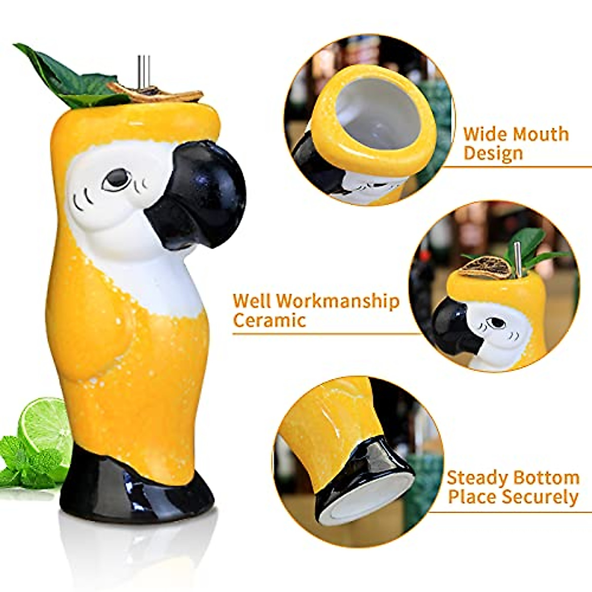 Cocktail Tiki Mugs Set of 4 - Large Ceramic Hawaiian Cocktail Mugs Drinkware, Cute Exotic Cocktail Glasses, Tiki Bar Professional Hawaiian Party Barware - TKSET0011