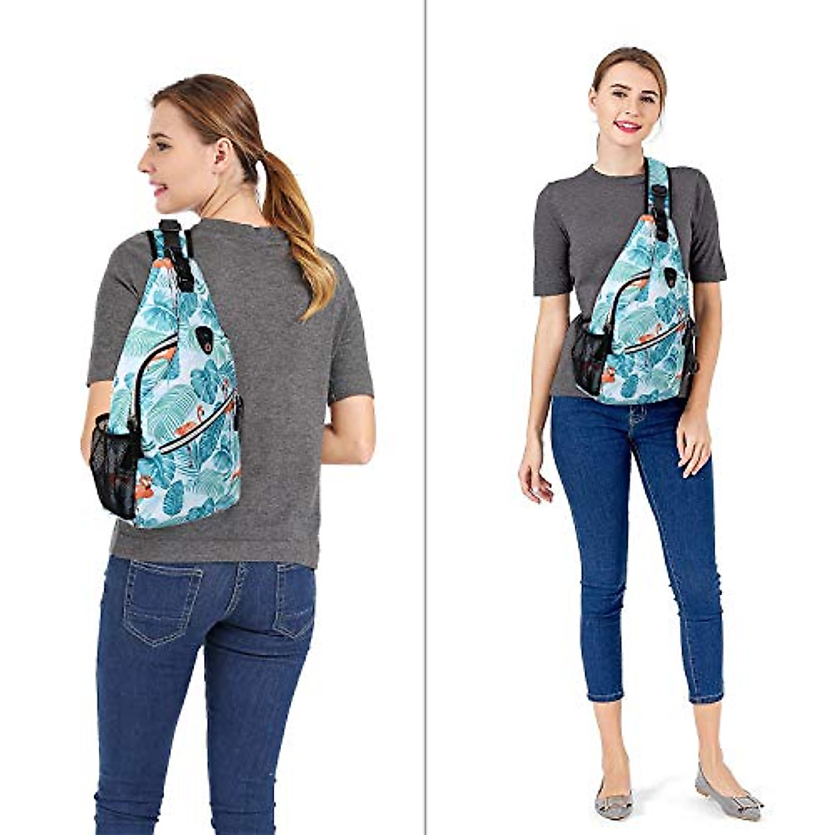 MOSISO Sling Backpack,Travel Hiking Daypack Pattern Rope Crossbody Shoulder Bag, Flamingo&Spacewalking Astronauts
