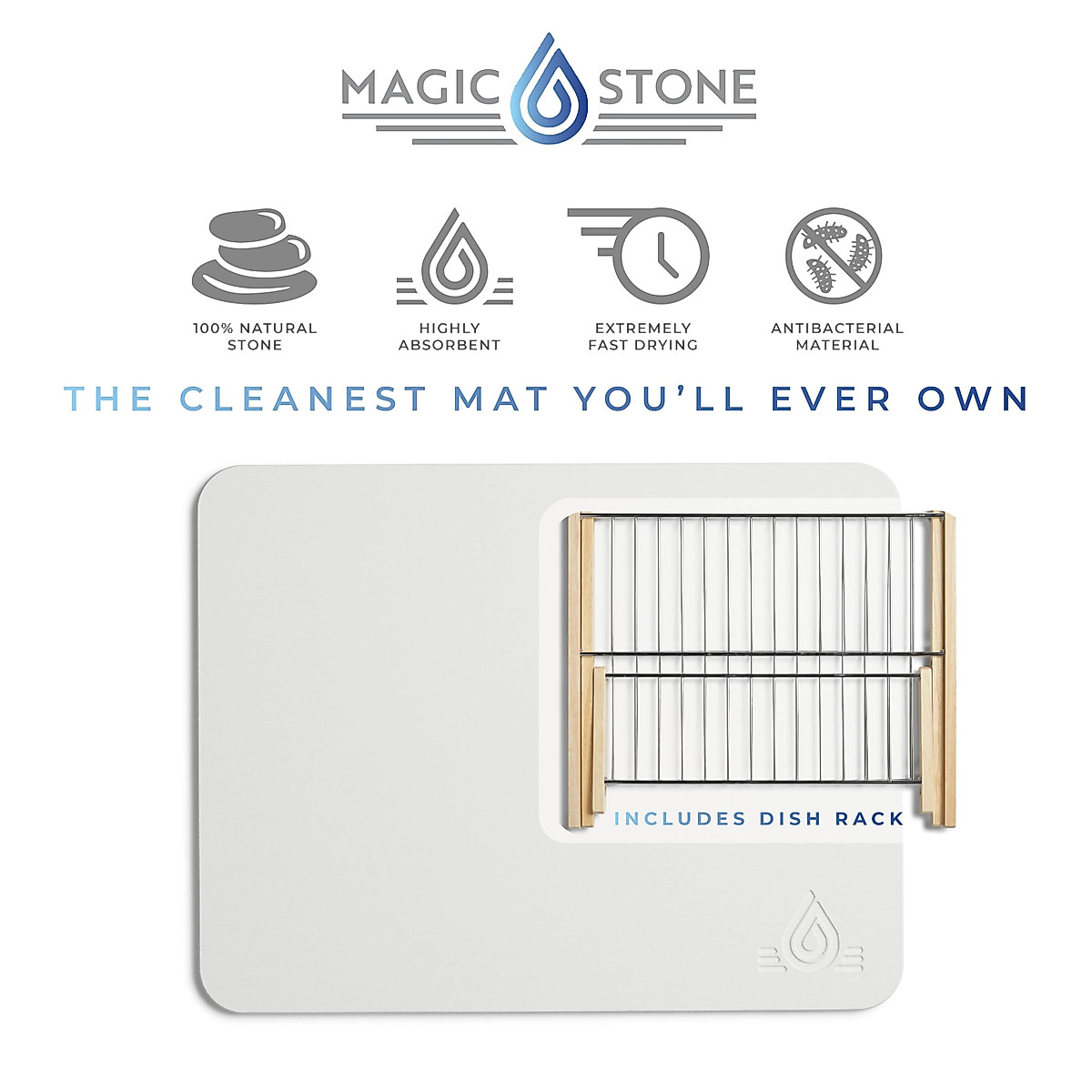 Magic Stone - Diatomaceous Earth Kitchen Mat and Bamboo Dish Rack – Super Absorbent Dish Drying Mats for Kitchen Counter, Durable & Quick Drying Mat (White)