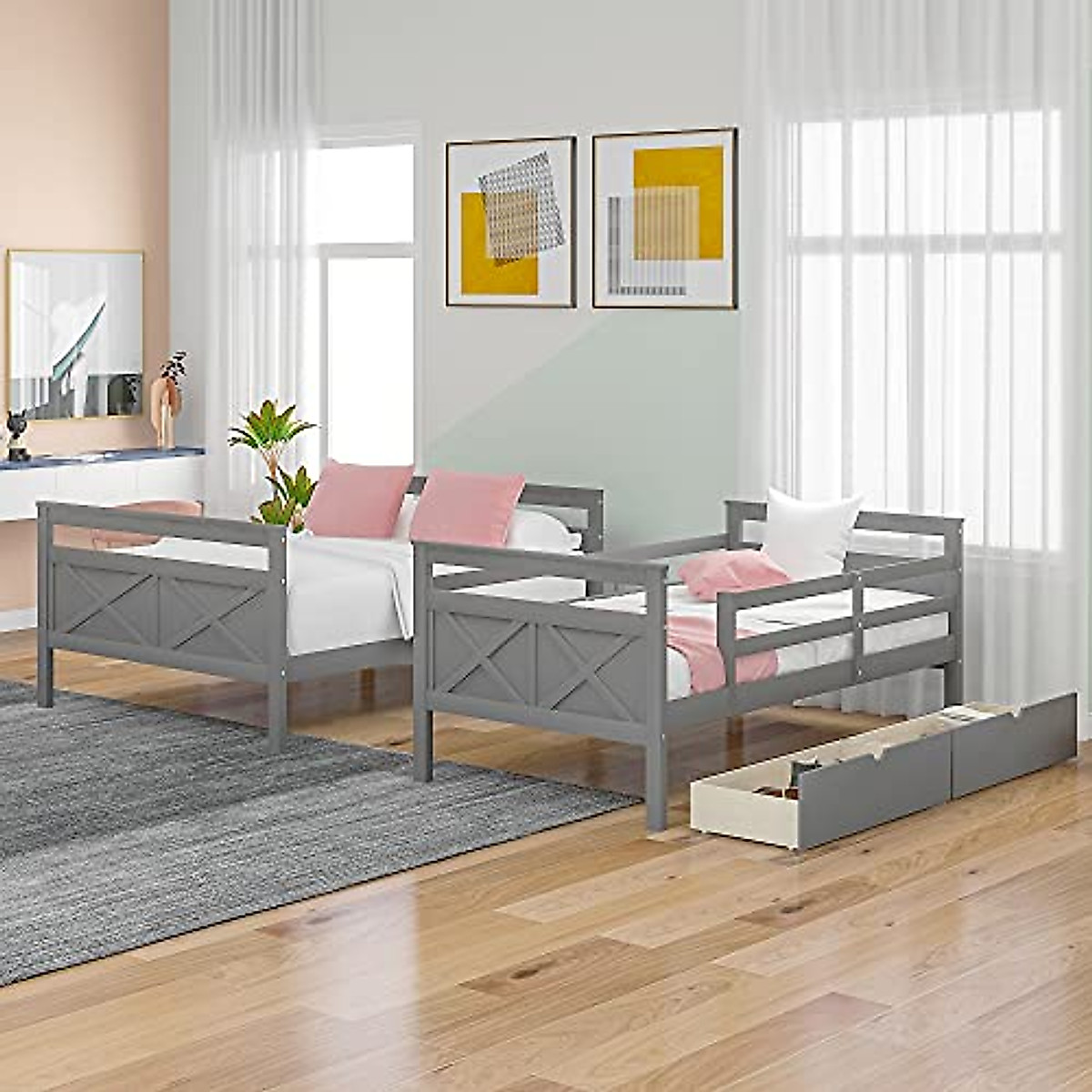 GLORHOME Twin Over Full Bunk Bed with 2 Storage Drawers, Solid Wood Bed Frame with Safety Rail and Ladder, Kids/Teens Bedroom, Guest Room Furniture, Can Be Converted into 2 Beds, Grey