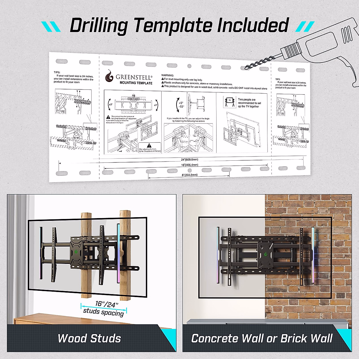 Greenstell TV Mount with LED Lights, TV Wall Mount for 47-84 Inch TVs, Full Motion TV Bracket with Dual Articulating Arms, Swivel, Tilt, Extension, Max VESA 600x400mm, Holds up to 132lbs
