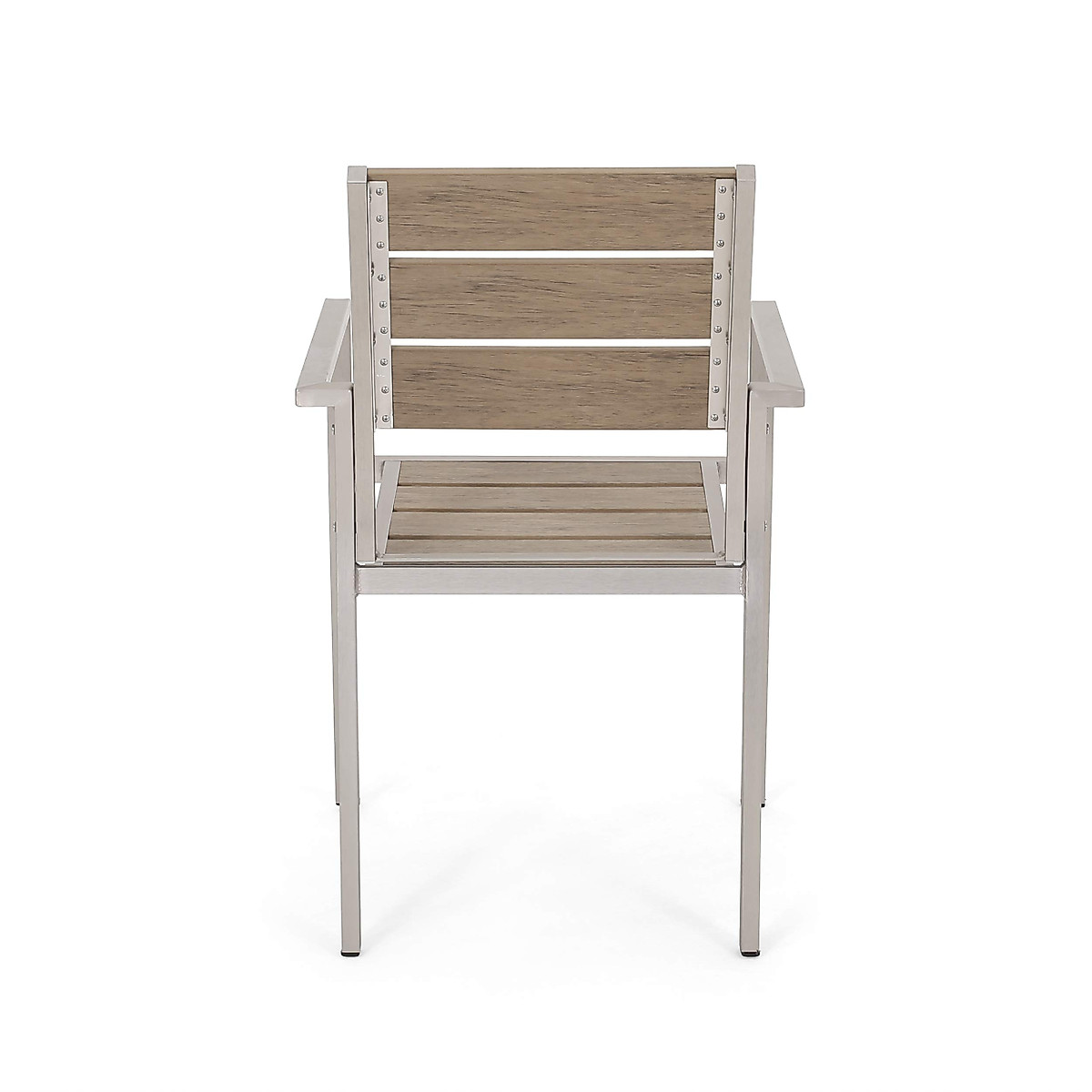 GDFStudio Outdoor Modern Aluminum Dining Chair with Faux Wood Seat (Set of 2), Natural and Silver