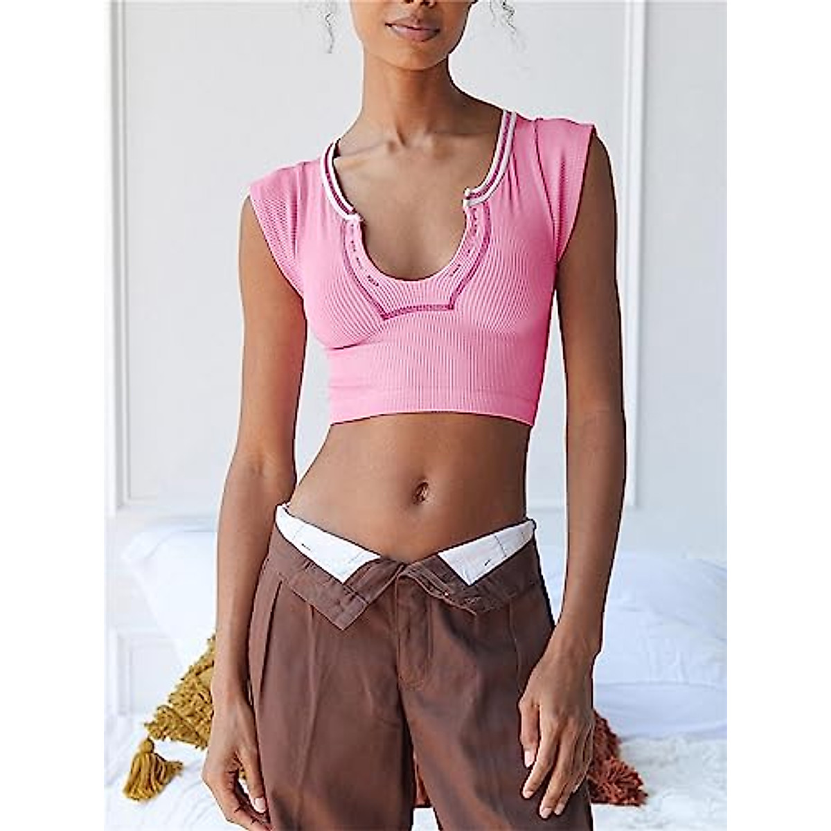 Women Y2K Going Out Crop Top Short Sleeve V Neck Ribbed Cropped T Shirt Casual Basic Fitted Baby Tees Streetwear A Pink