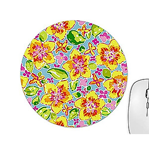 Yellow Flower Lilly P Style Pattern Mouse Pad -Mouse Pad, Round 8" diameter x .22" (5.5mm).