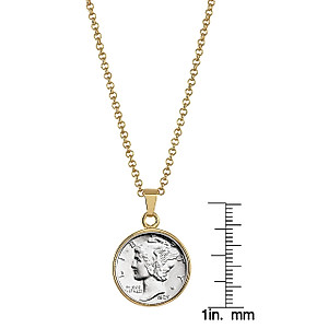 American Coin Treasures Silver Mercury Dime Goldtone Coin Pendant with 18" Chain Necklace - Authentic and Elegant Keepsake Jewelry for Women | White Luxury Gift Box Included