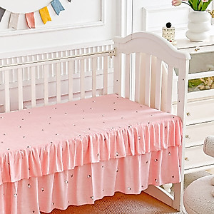 Cotton Ruffle Crib Bedding Set 3 pc Flowers Quilted Comforter with Fitted Sheet and Bed Skirt - Light Pink Flowers and Green Spray - Cute Ruffled Shabby Chic Floral Crib Set Soft Blanket for Girls