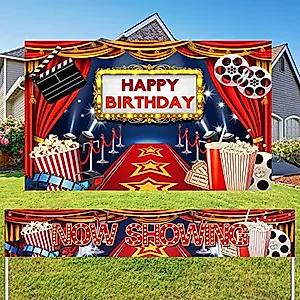 Movie Theme Party Decorations Include Large Fabric Backdrop Happy Birthday Background 5 x 3 Feet Movie Now Showing Banner 6 x 1 Feet for Movie Night with Rope