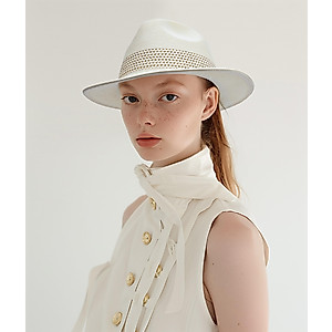 Pineapple&Star Sun Straw Fedora Beach Hat Fine Braid UPF50+ for Unisex (Medium, Off-White Amiens)