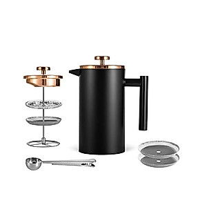Meelio Black French Press Coffee Maker 12oz, Stainless Steel Double Wall Insulated Coffee Press with Rose Gold Metal Lid, Included 2 Extra Screens and 1 Coffee Spoon, 350ml