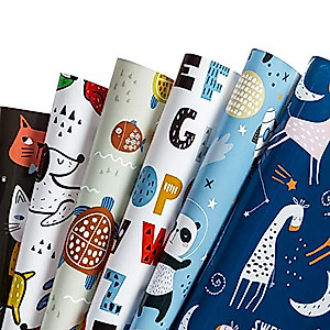 WRAPAHOLIC Wrapping Paper Sheet - Cute Animal Design for Birthday, Holiday, Party, Baby Shower - 1 Roll Contains 6 Sheets - 17.5 inch X 39.3 inch Per Sheet