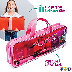 Play22 Kids Fishing Pole Pink - 40 Pc Kids Fishing Rod and Reel Combos - Fishing Poles for Youth Kids Includes Fishing Tackle, Fishing Gear, Fishing Lures, Net, Carry On Bag, Fully Fishing Equipment
