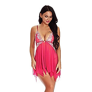 Aniywn Women's Sexy Lace Lingerie Front Closure Babydoll V Neck Mesh Lingerie Nightwear Sexy Chemise Sleepwear Watermelon Red
