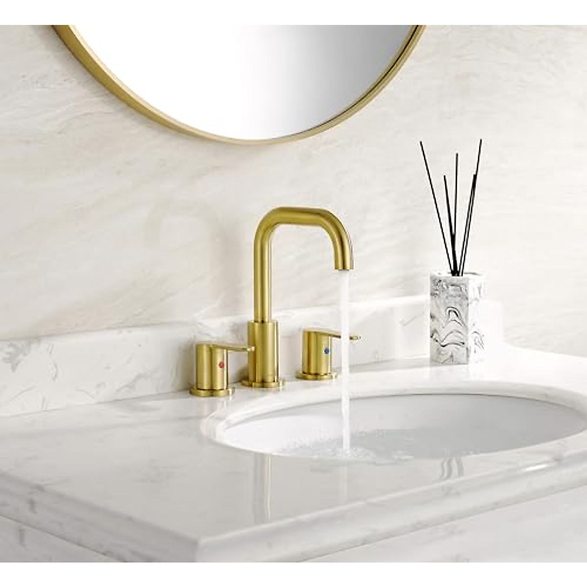 TimeArrow Brushed Gold 2 Handle 8 Inch Widespread Bathroom Sink Faucet with Pop-Up Drain, High Arc Modern Bathroom Vanity Lavatory Faucet 3 Holes with Brass 360° Swivel Spout, TAF830E-PB