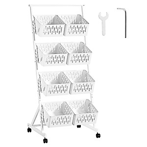 hatleues Fruit Vegetable Storage Basket, 4 Tier Fruit Storage Shelves with Removable Basket and Rolling Wheels,Kitchen Organizers and Storage Rack, Standing Utility Storage Cart (White, Four Layer)