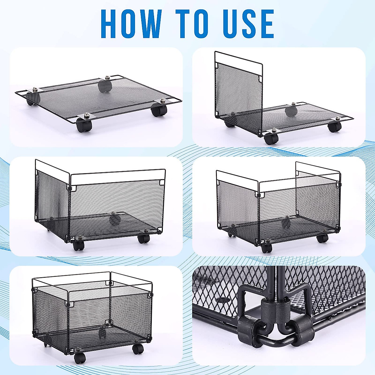 Harloon 2 Pack Mesh Metal File Crate Organizer Box with Mobile Swivel Wheels Black Rolling File Cart Storage Cart Foldable Storage Crate for Folders, Office Supplies, Black, 15" x 13" x 10"