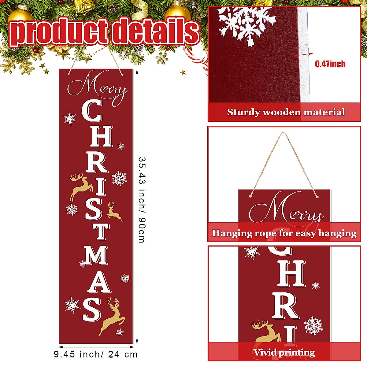 Soaoo Christmas Porch Sign Merry Christmas Vertical Porch Sign Red Christmas Wooden Welcome Sign for Front Door Porch Standing Farmhouse Rustic Door Porch for Xmas Porch Yard Outdoor Indoor, 35.43" H