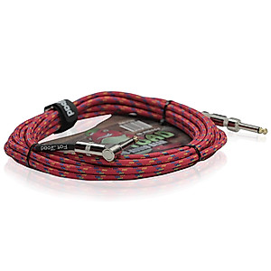 Fat Toad Guitar Cable Right Angled to 1/4 Straight-End Instrument Cord Tweed Cloth Jacket Braided Woven 20FT Quarter Inch Gold Jack TS for Electric Guitar, Bass, Keyboards | Shielded 24 AWG Patch