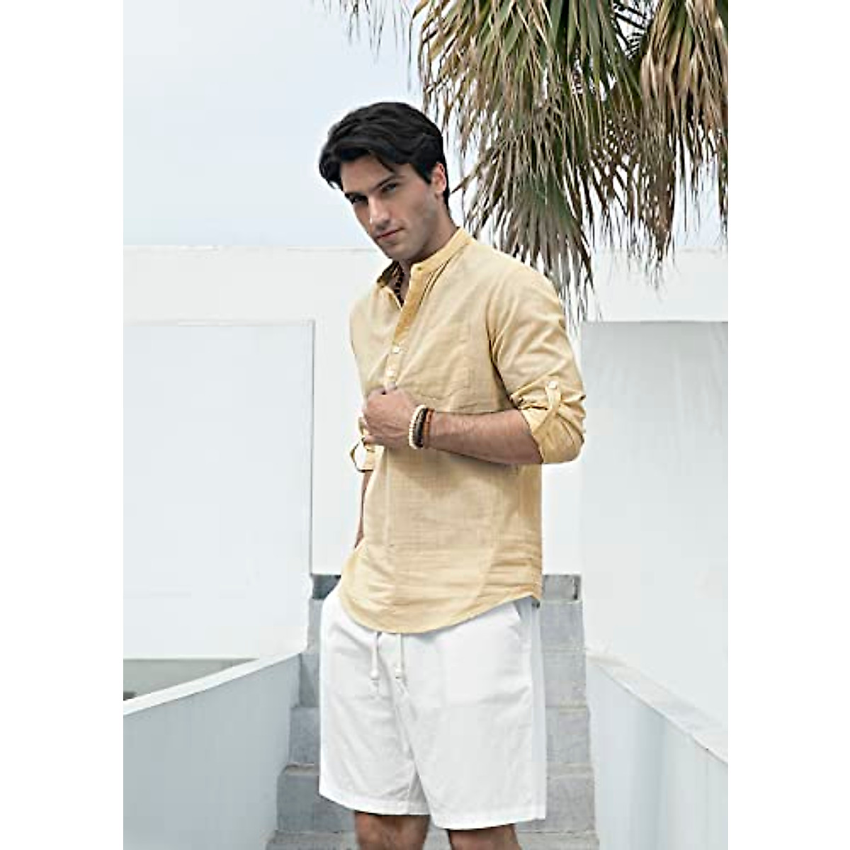 Enlision Beige Casual Henley Shirts for Men Summer Beach Long Sleeve Cotton Linen Hippie Shirt Hawaiian Tropical Button Down Yoga Top Shirt Khaki