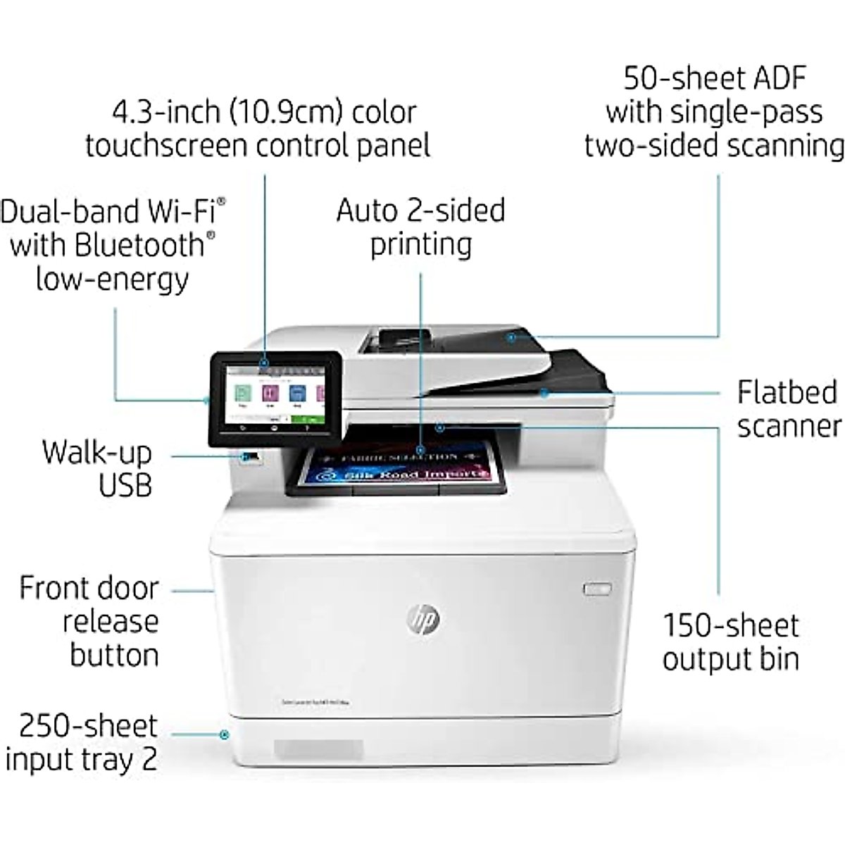 HP Color Laserjet Pro Multifunction M479fdw Wireless Laser Printer- Print Scan Copy Fax - 28 ppm, 600 x 600 dpi, 8.5 x 14, 50-Page ADF, Ethernet, Auto Duplex Printing, Cbmou Printer＿Cable