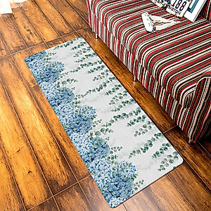 Eucalyptus Floral Antifatigue Kitchen Bath Door Mat Cushioned Runner Rug,Washable Welcome Floor Sink Mat,Green Blue Hydrangea Leaves Waterproof & Non-Slip Comfort Standing Doormat for Kitchen,18"x59"