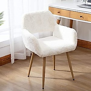 SSLine Faux Fur Vanity Chair Elegant White Furry Makeup Desk Chairs for Girls Women Modern Comfy Fluffy Arm Chair with Wood Look Metal Legs in Bedroom Living Room