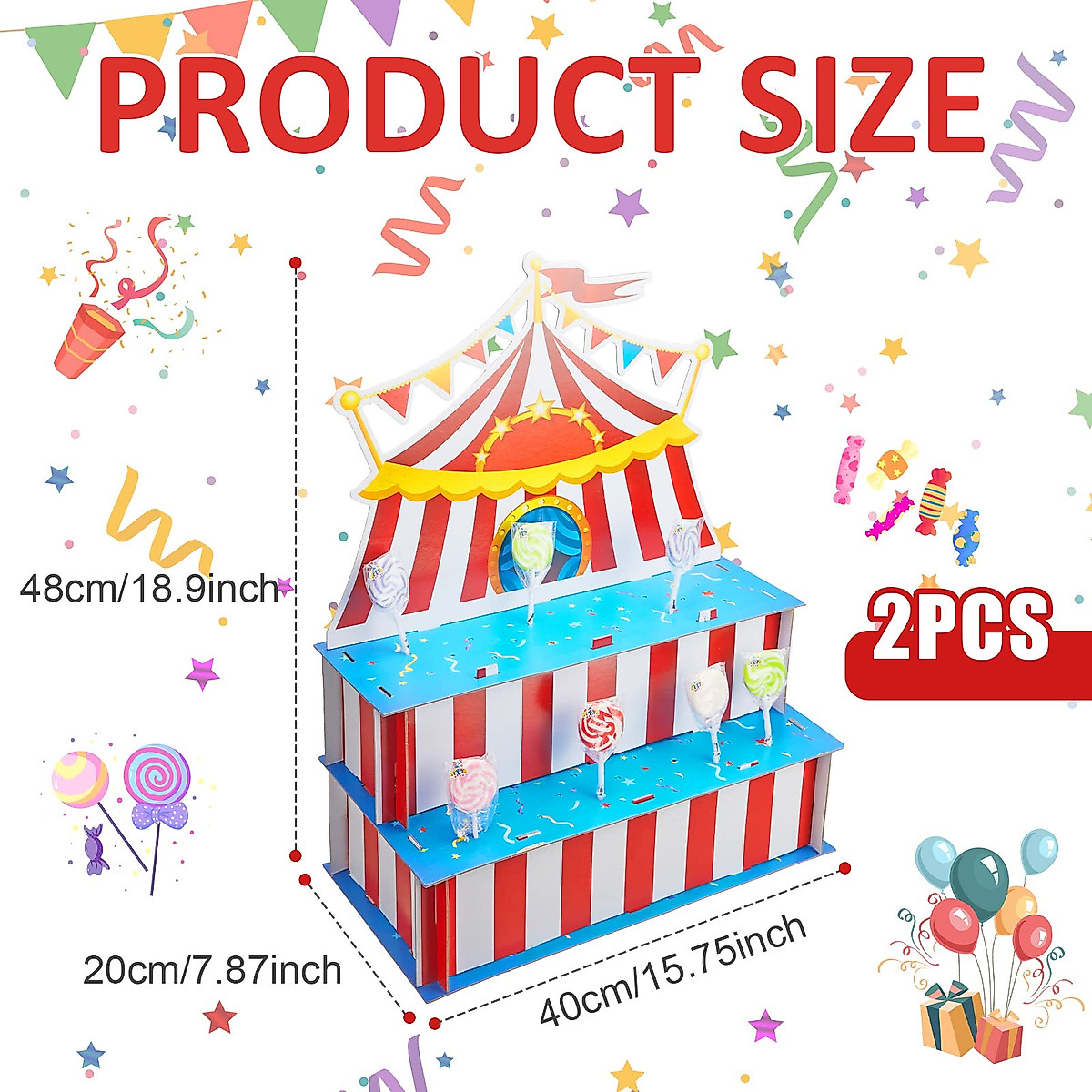 2 Pack Circus Tent Shaped Lollipop Stand 2 Tier Circus Lollipop Candy Stand 48 Suckers Dessert Table Display Set Carnival Theme Tent Design for Circus Birthday Party Favor Decoration Supplies