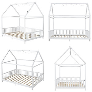 Merax Full Size House Bed for Kids, Wood Platform Bedframe with Light and Guardrail for Teens Girls Boys, No Box Spring Needed, White