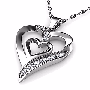 DEPHINI - Heart Necklace - 925 Sterling Silver - Double Love Heart Pendant with CZ Crystals - Jewelry for Woman - 18" Chain - Rhodium Plated