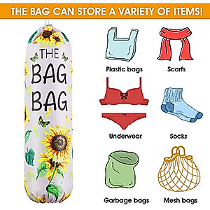 Sunflower Plastic Bag Holder for Kitchen, Plastic Bag Organizer and Dispenser Wall Mount Plastic Bags with Self-adhesive Hooks Garbage Shopping Trash Bags Storage Sunflower Farmhouse Home Decor