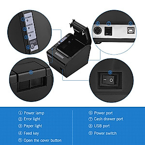 Jabey Thermal Printer,80mm USB Thermal Receipt POS Printer Auto Cutter High Speed Printer Clear Printing Compatible with ESC/POS Print Commands for Supermarket Store Home Business