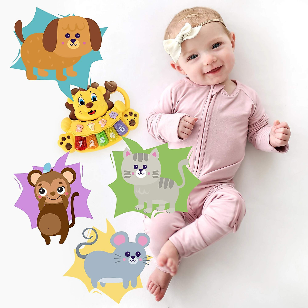 Adorable Lion Baby Piano Toy - 5 Different Numbered and Colored Light Up Key - Touch and Teach Baby Musical Toy w/ 3 Play Modes - Interactive Toy for Babies 12 Months & Up