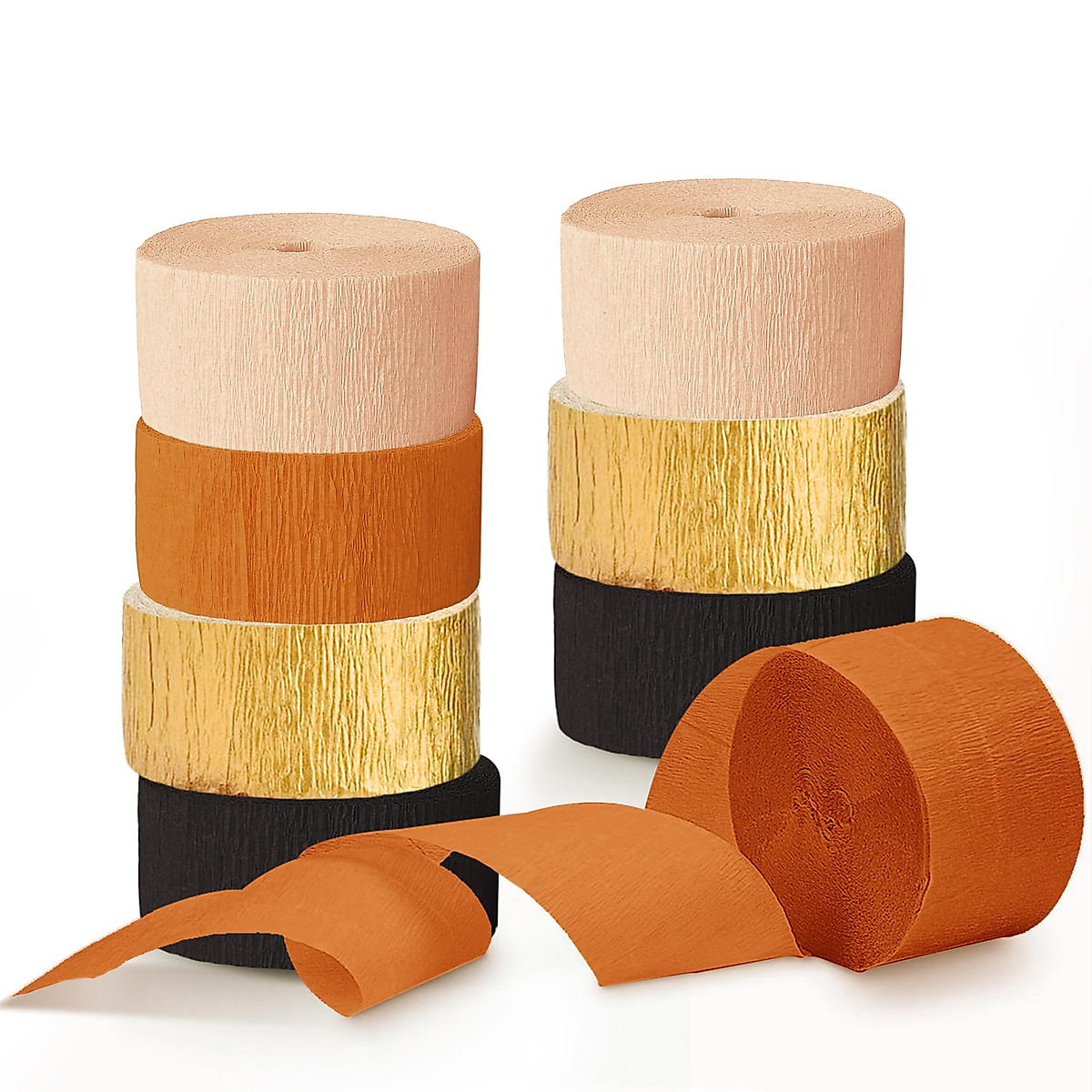 NICROHOME Thanksgiving Party Decorations, 8 Rolls Gold Orange Crepe Paper Streamers, Black Tassels Paper for Retro Parties, Birthday, Harvest Party Supplies, Fall Wedding Party Decorations