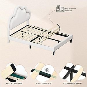 YITAHOME Queen Upholstered Bed Frame, Smart LED Bed Frame with Adjustable Cloud Headboard, Platform Bed Frame Queen Size with Wooden Slats Support, No Box Spring Needed, Easy Assembly, White